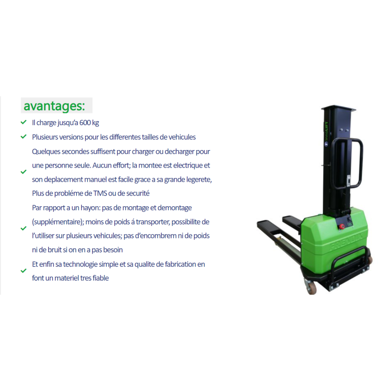 Gerbeur autonome embarqué charge 800 kg hauteur de chargement 1250 mm