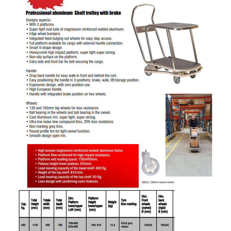 chariot de manutention en aluminium à roulettes 2 plateaux 750x490mm ...