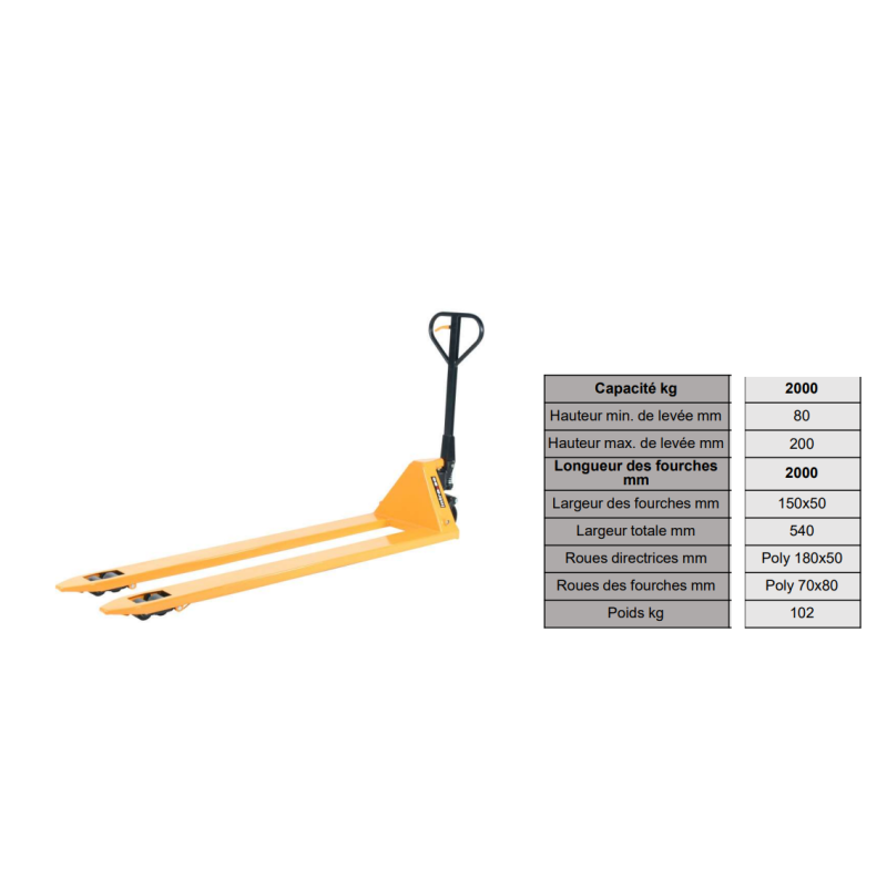 Transpalette manuel longues fourches 2500 mm charge 2000 kg