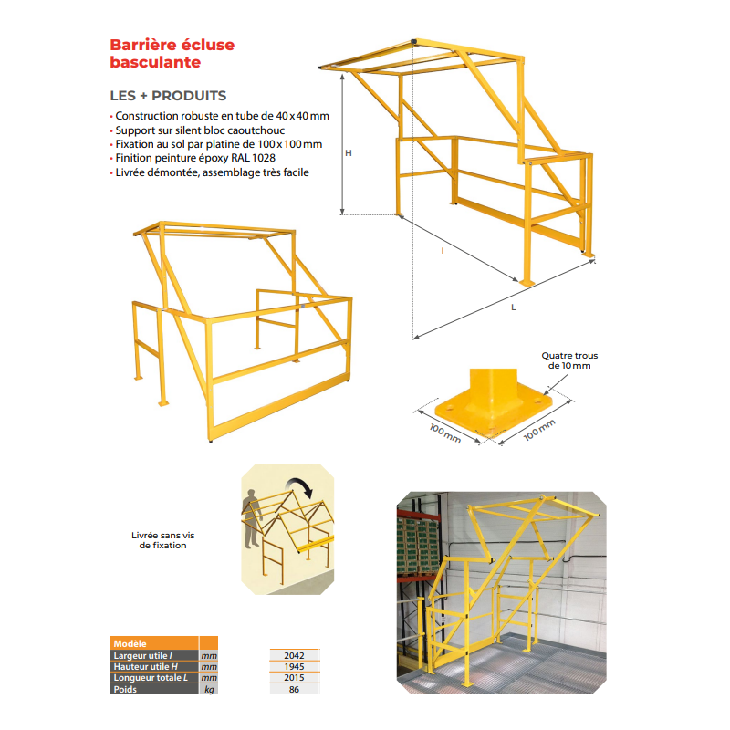 Barrière écluse basculante largeur utile 1562 mm x hauteur 1945 mm